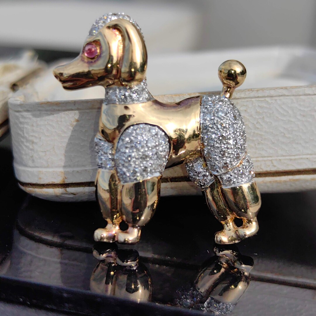 Vintage 1960svdiamond and Ruby 18k Solid Gold Vintage Dog Brooch, Gold ...