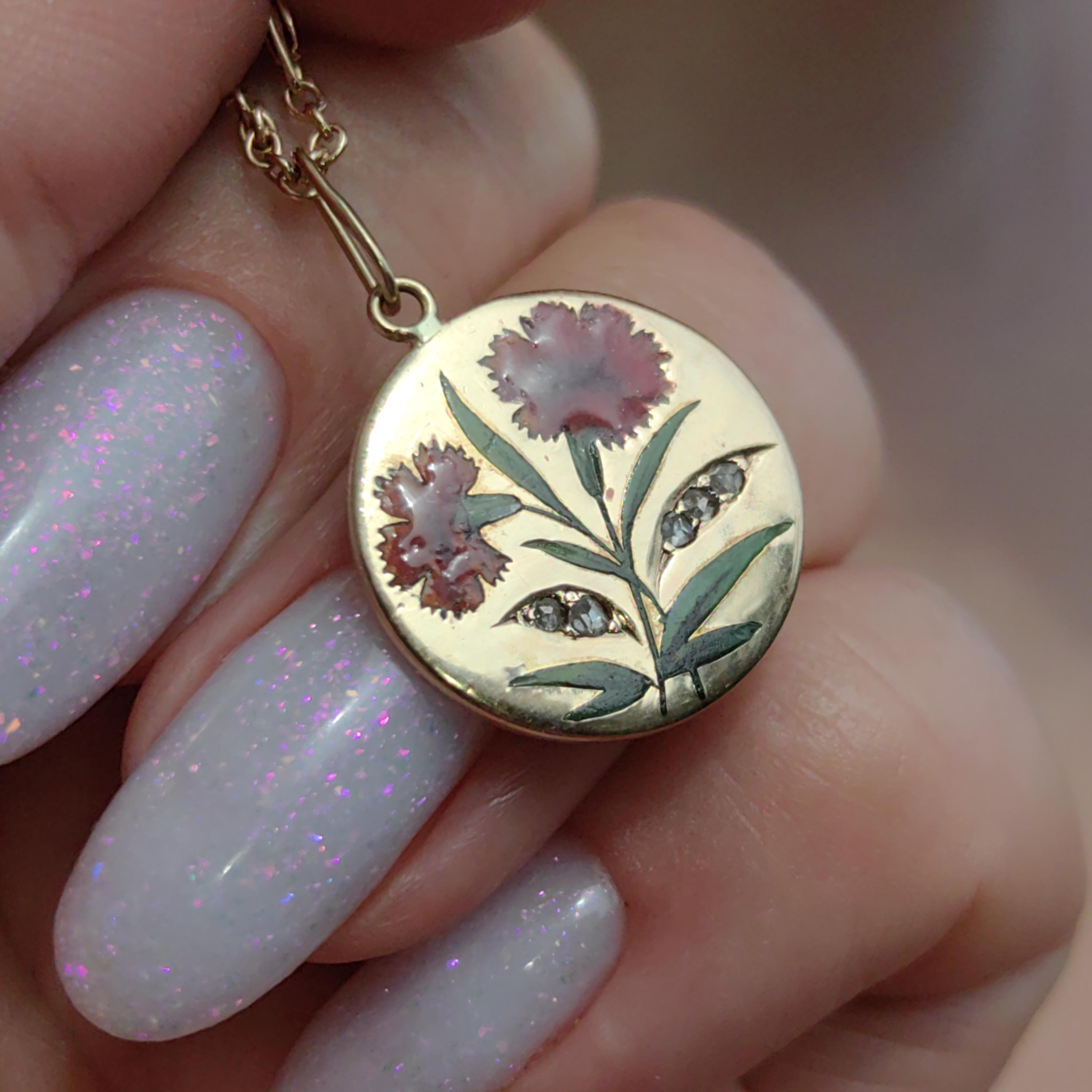 Art Nouveau Diamond Carnation Pendant: 14k Gold Enamel Floral Antique ...