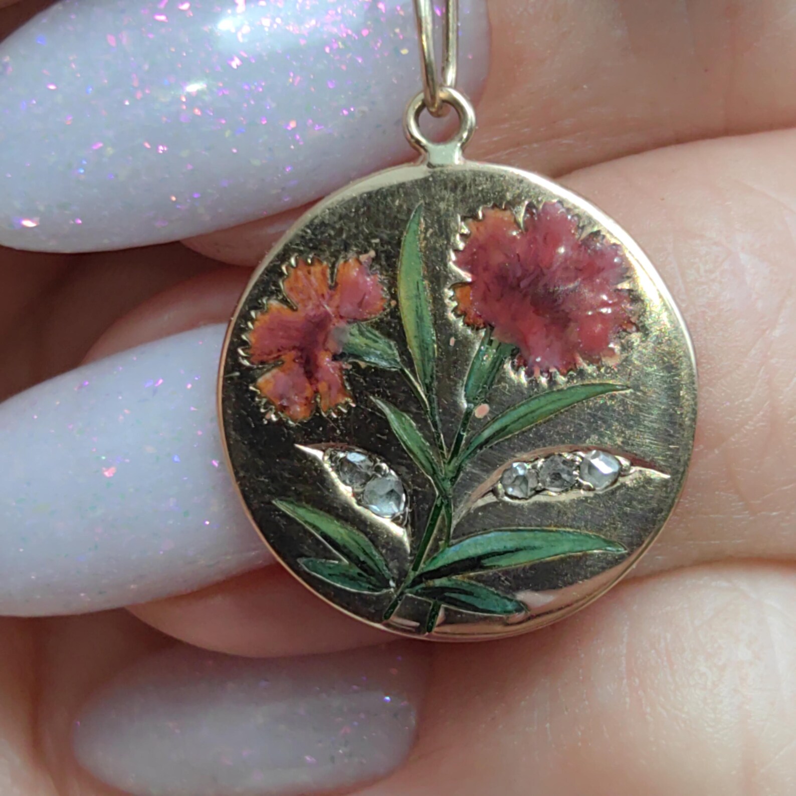 Art Nouveau Diamond Carnation Pendant: 14k Gold Enamel Floral Antique ...