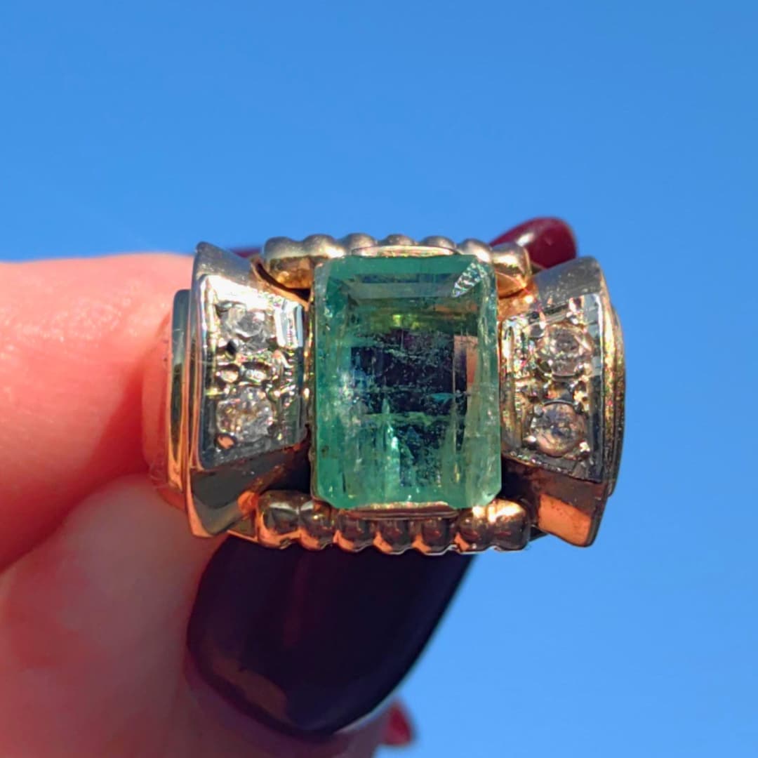 Art Deco 1930s Ring Antique Genuine 2ct Emerald Diamond Solid 18k Gold ...