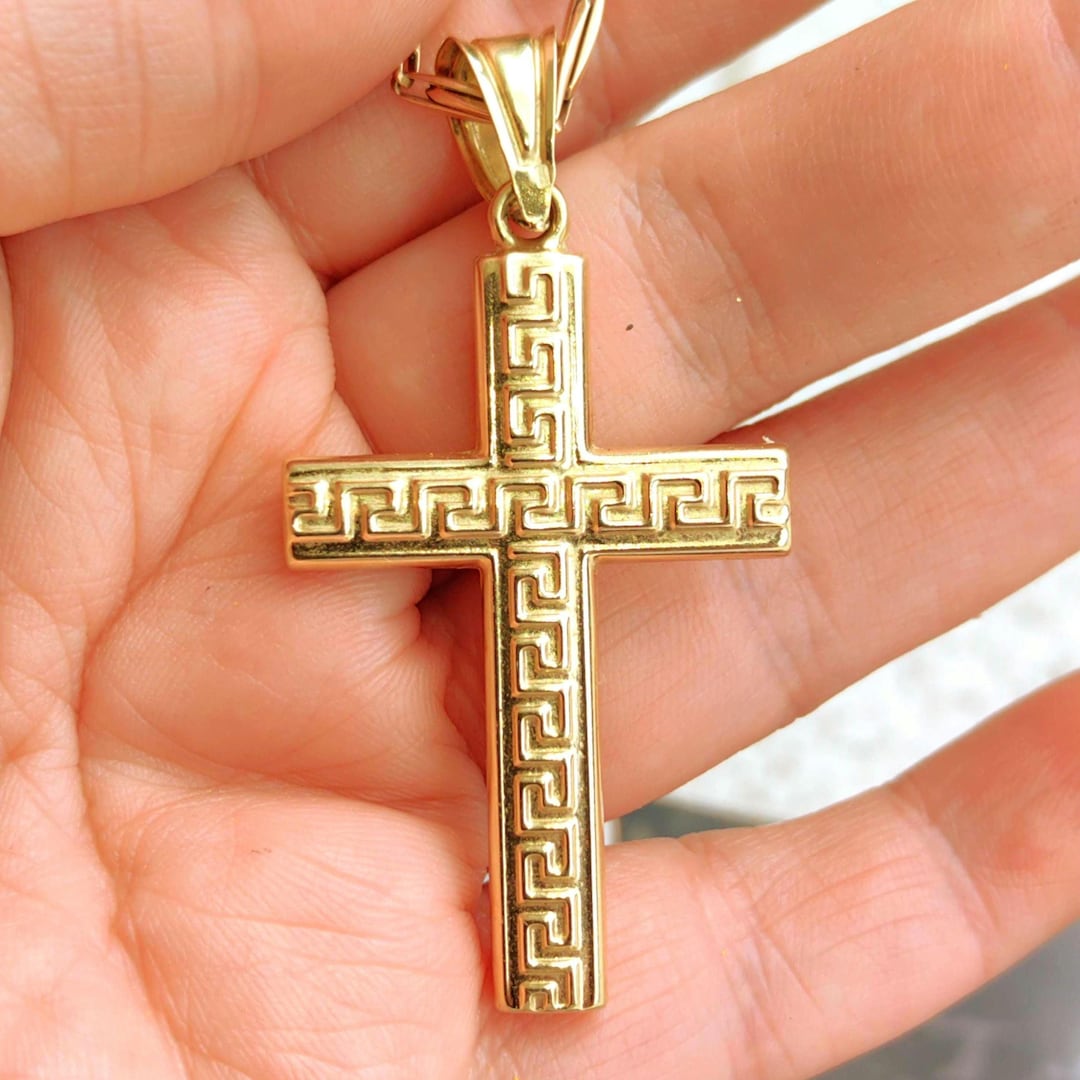 Vintage Solid 14k Yellow Gold Greek Key Cross, Christian Cross Pendant ...