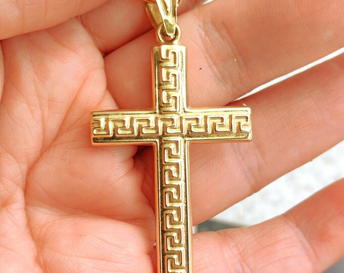 Vintage Solid 14k Yellow Gold Greek Key Cross, Christian Cross Pendant ...