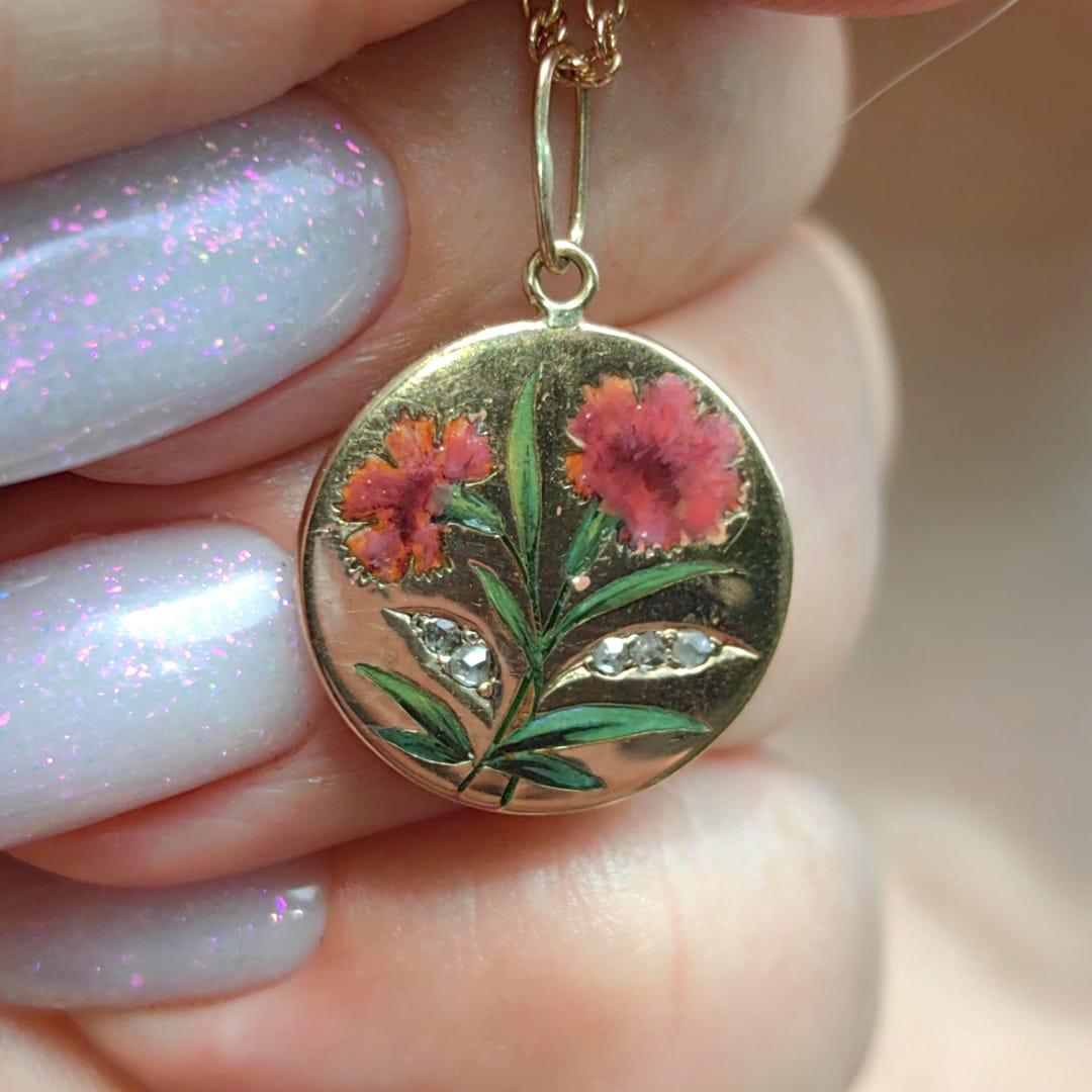 Art Nouveau Diamond Carnation Pendant: 14k Gold Enamel Floral Antique ...