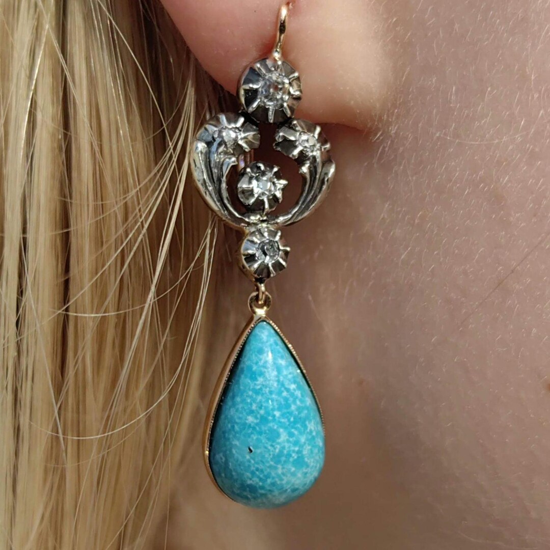 Antique Victorian 1880s Vintage Undyed Natural Turquoise and Rosecut ...