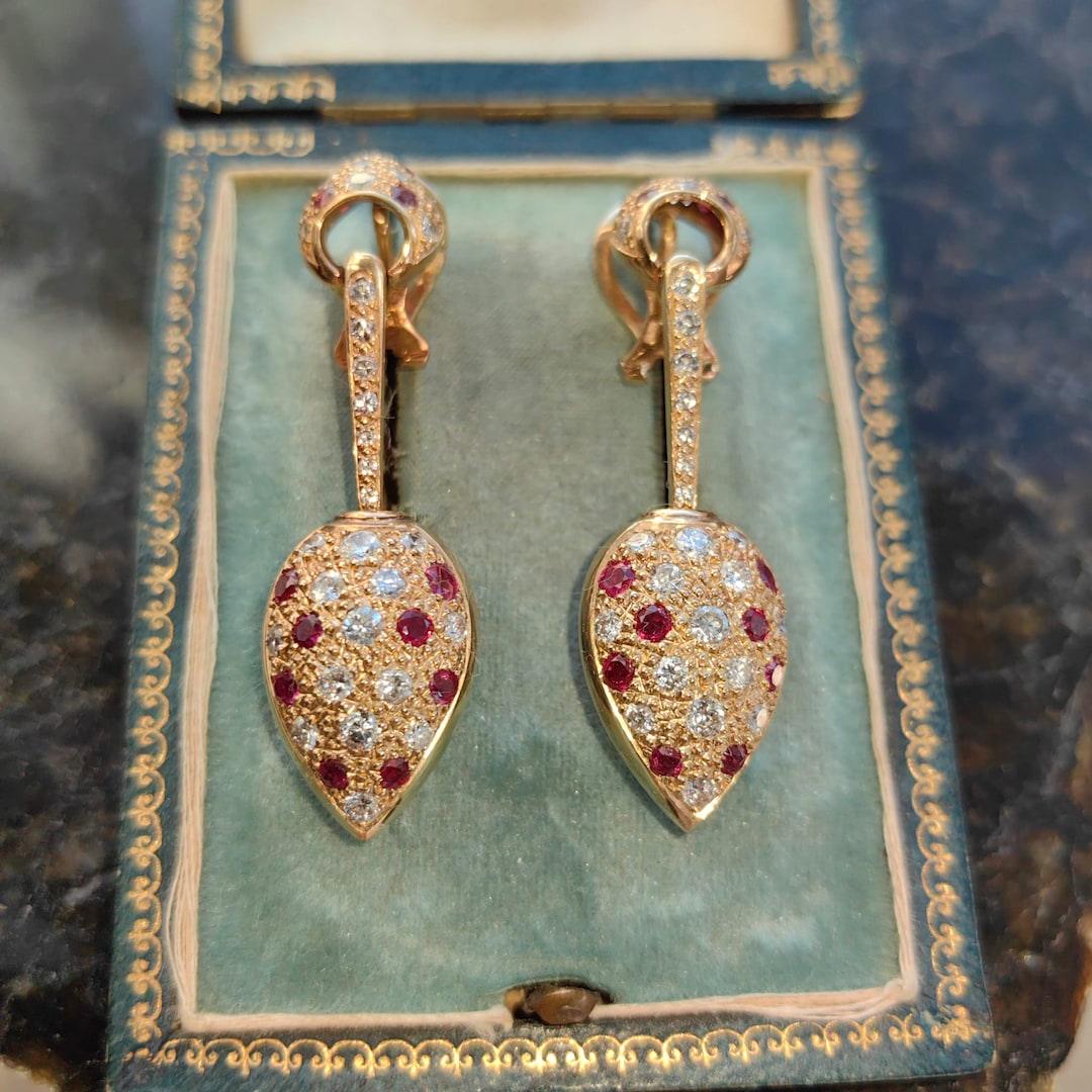 Vintage Natural 2.8 Ct. Diamond and Ruby Solid 14k Yellow Gold Dangle ...