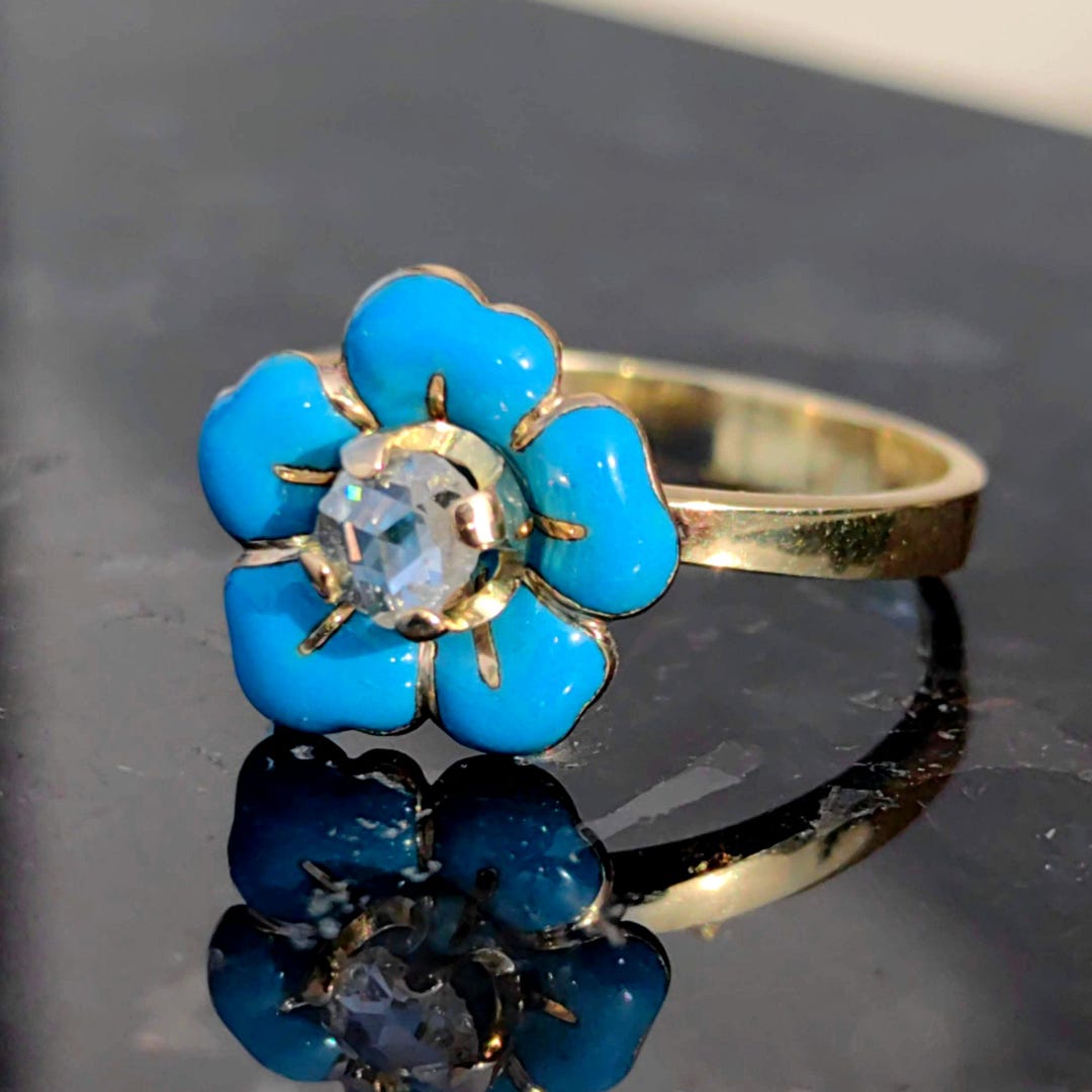 Victorian 14k Gold Diamond Ring: Turquoise Enamel Floral Design - Etsy