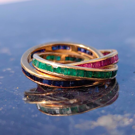 Interlocking Set of 3 rings 18K Gold , emerald ruby, … - Gem