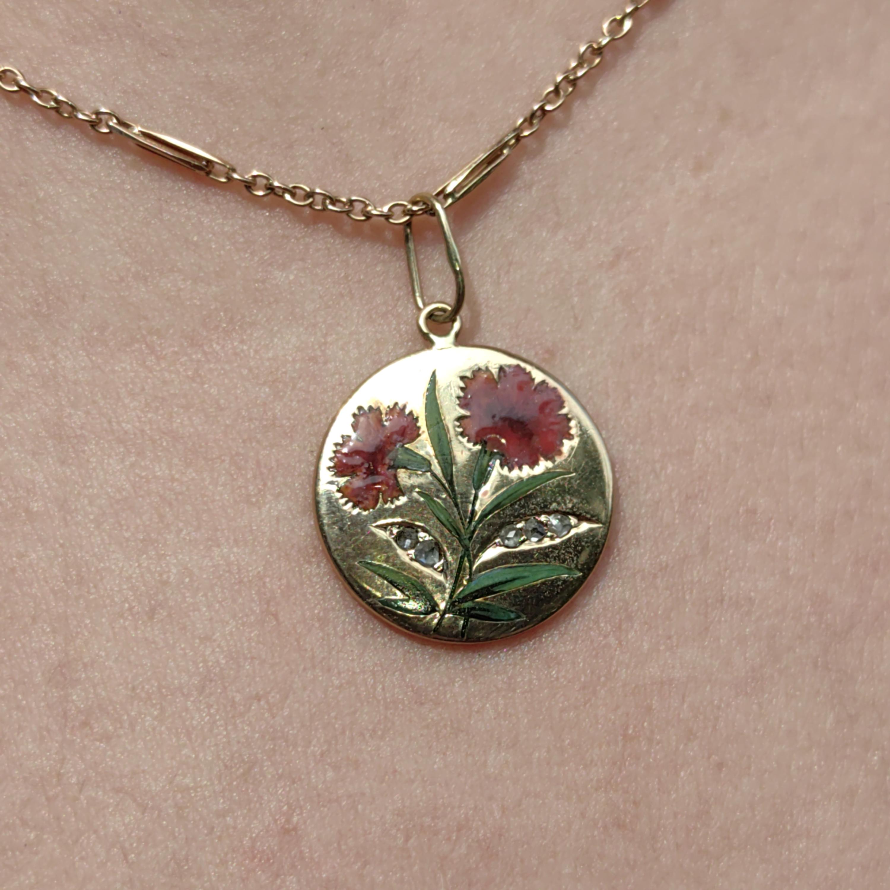 Art Nouveau Diamond Carnation Pendant: 14k Gold Enamel Floral Antique ...