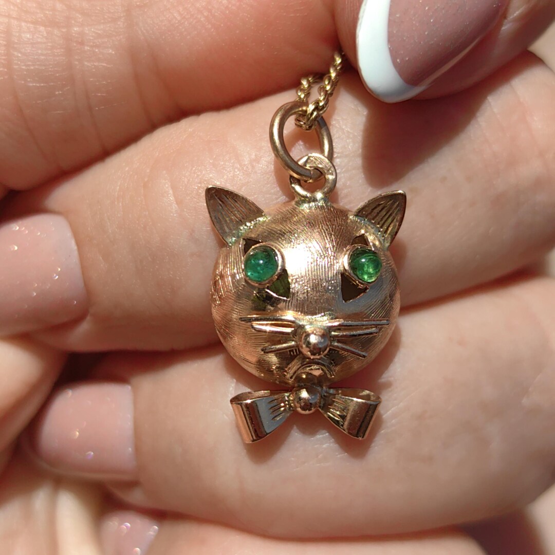 Handmade 14k Gold Kitten Pendant: Emerald Eyes, Vintage Cat Jewelry - Etsy