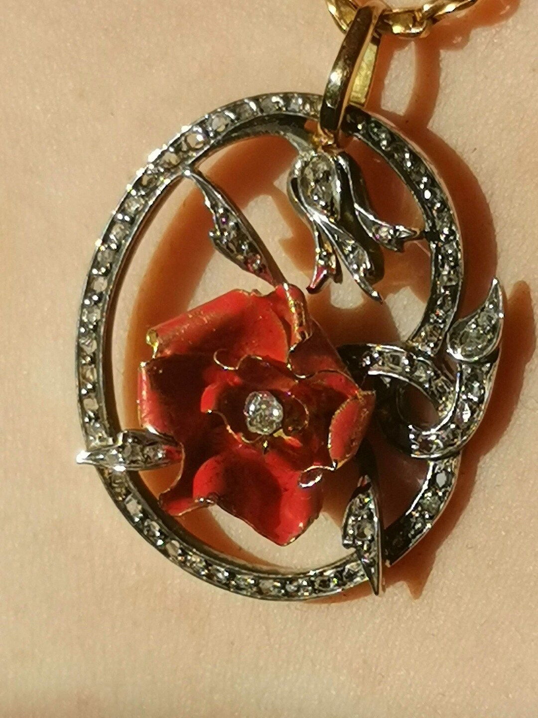 Antique Gold Poppy Flower Pendant Rose Cut Diamonds Red Hand Painted ...