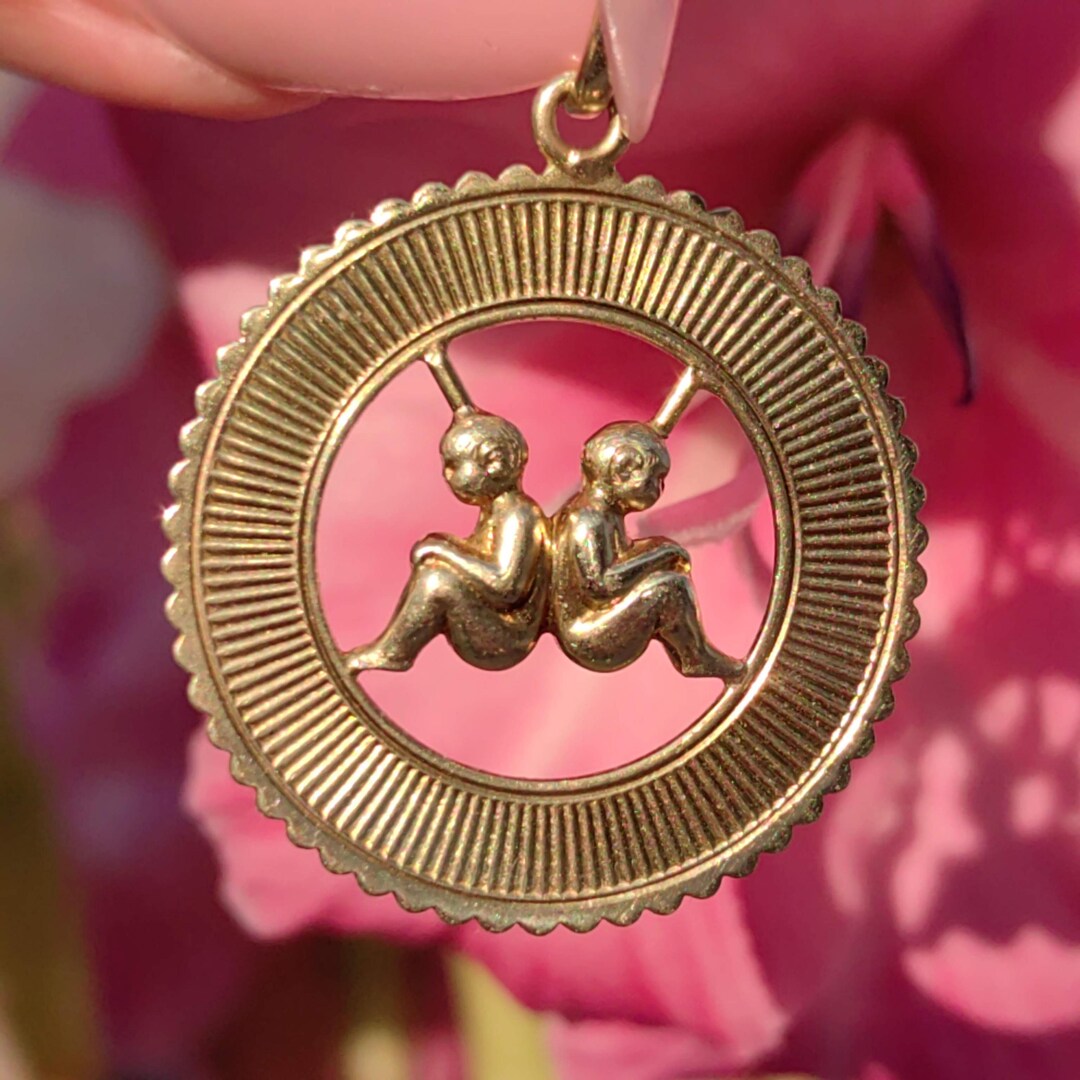 Gold Twins Gemini Large Pendant, Art Deco 1930s Antique Vintage Pendant ...