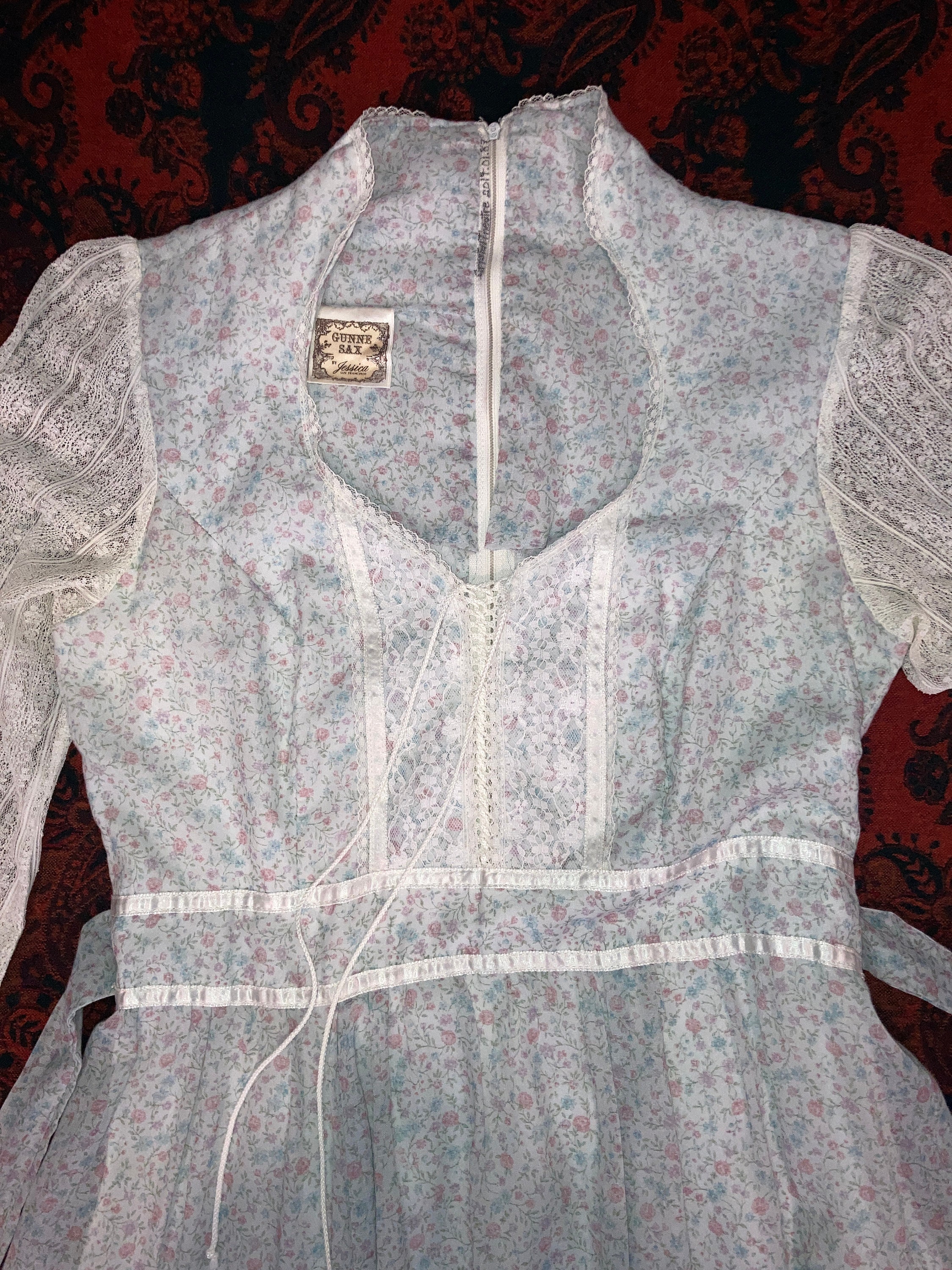 1970’s Gunne Sax Light Blue Calico Corset Prairie Dress With Lace ...