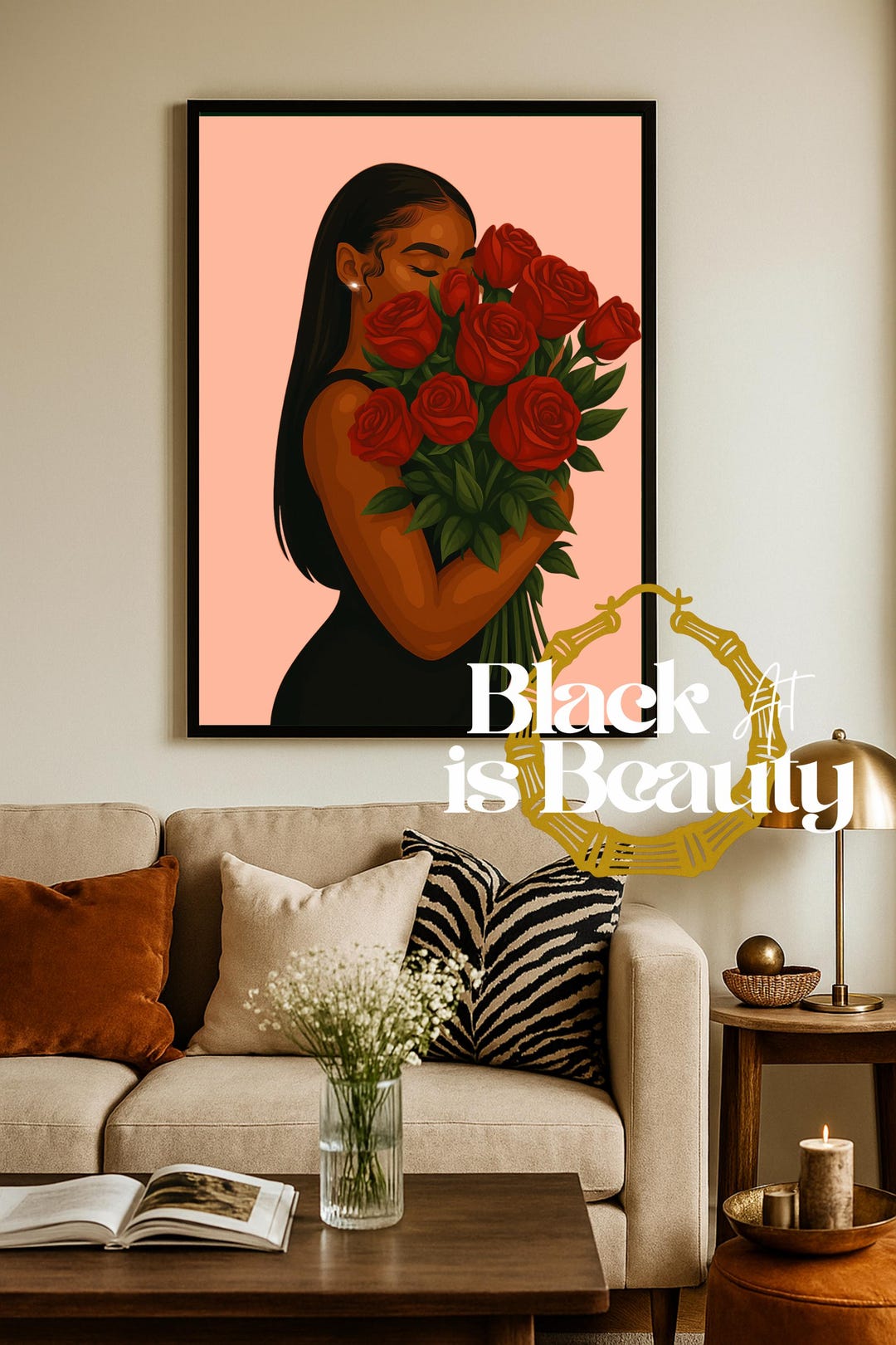 A Bouquet of Red Roses Black Girl Fashion Art Digital Printable Art ...