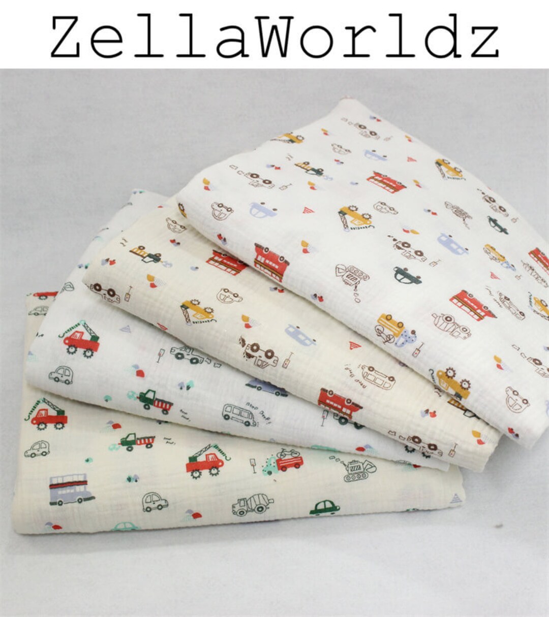 Double Cotton Gauze Fabric, Print Construction Truck Car Crinkled ...