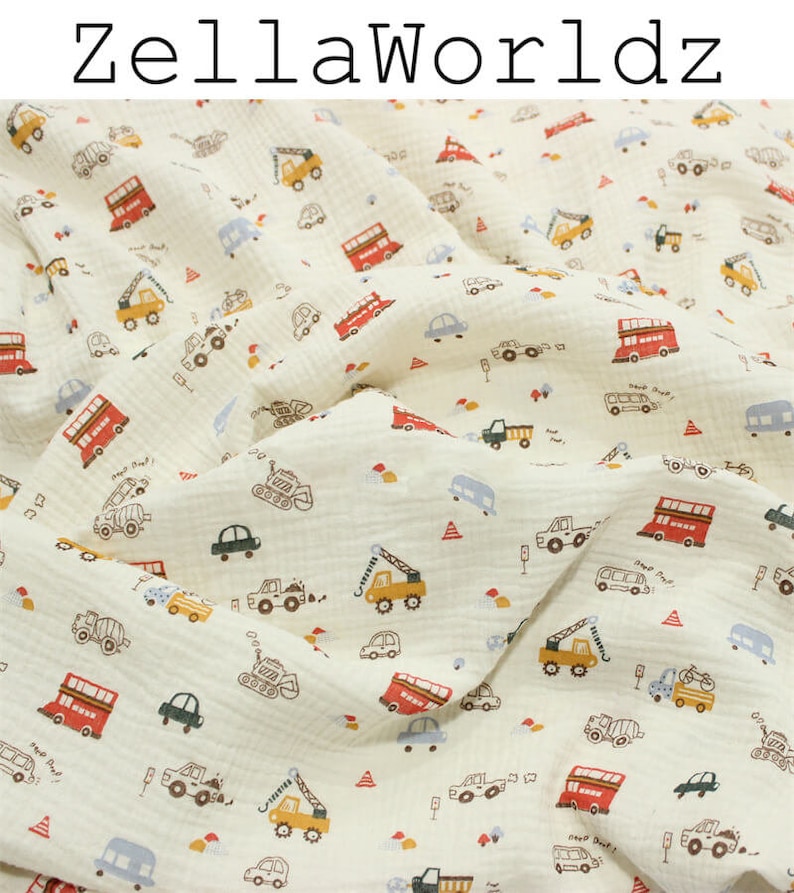 Construction Truck Print Cotton Gauze Fabric: Soft Crinkle Muslin, DIY ...