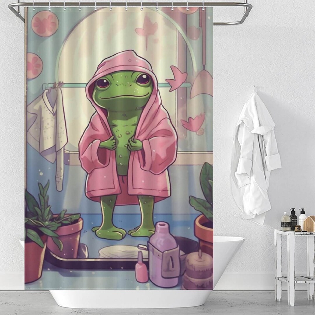 Funny Frog in Pink Robe Polyester Shower Curtain, Waterproof Polyester ...