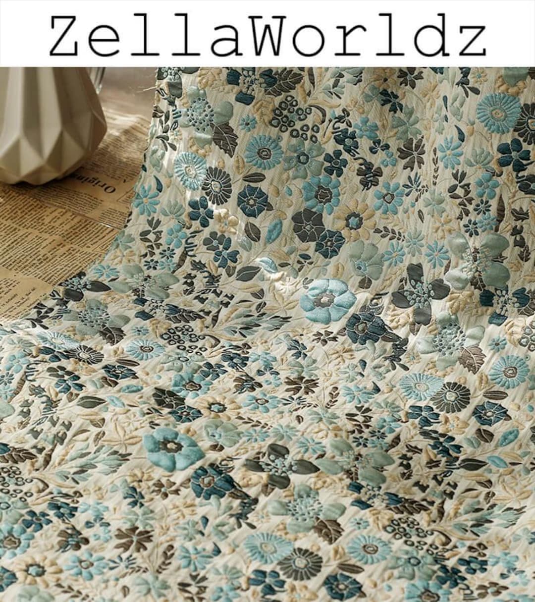 Jacquard Embossed Fabric: Yarn-dyed, Blue Flowers Plants, Sewing Craft ...