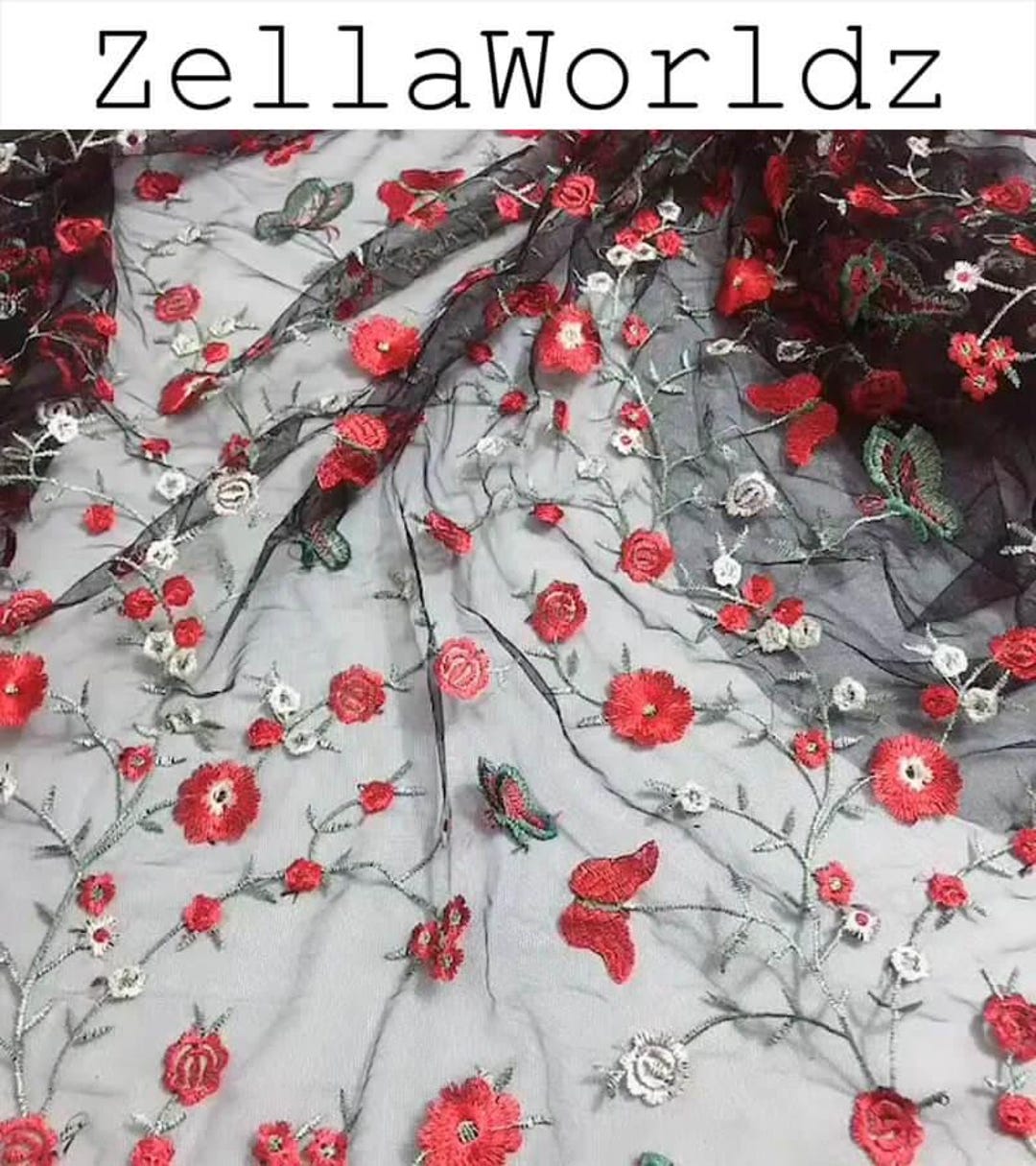Flower Embroidered Tulle, Red Flowers Embroidery Lace Mesh Tulle, DIY ...