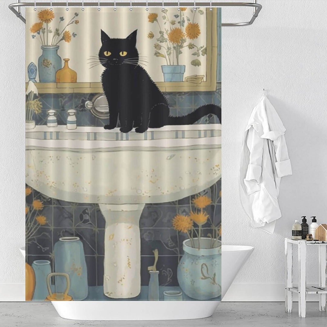 Black Cat Shower Curtain, Funny Cat Sit on the Wash Basin Bathroom ...