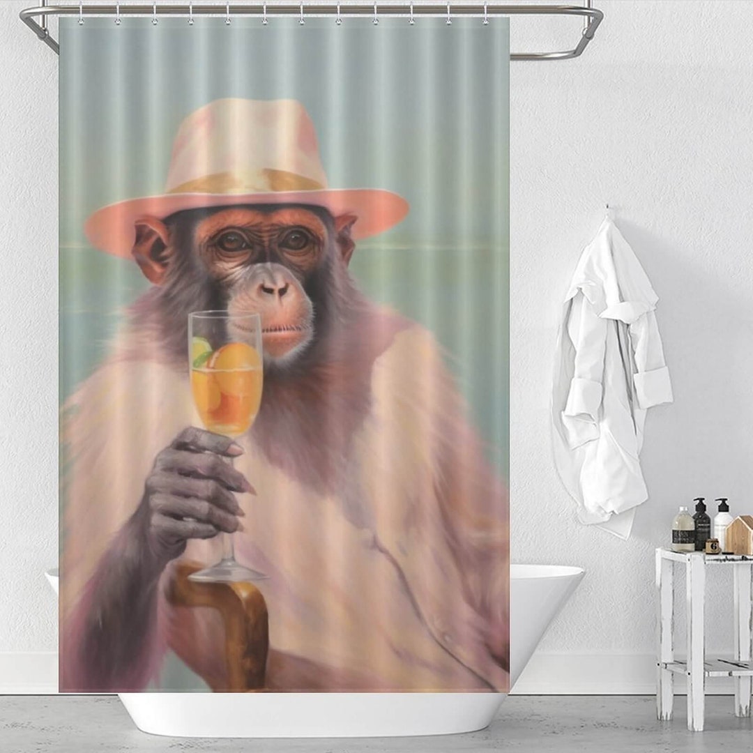 Monkey Drink Cocktail Shower Curtain, Funny Animal Waterproof Curatin ...