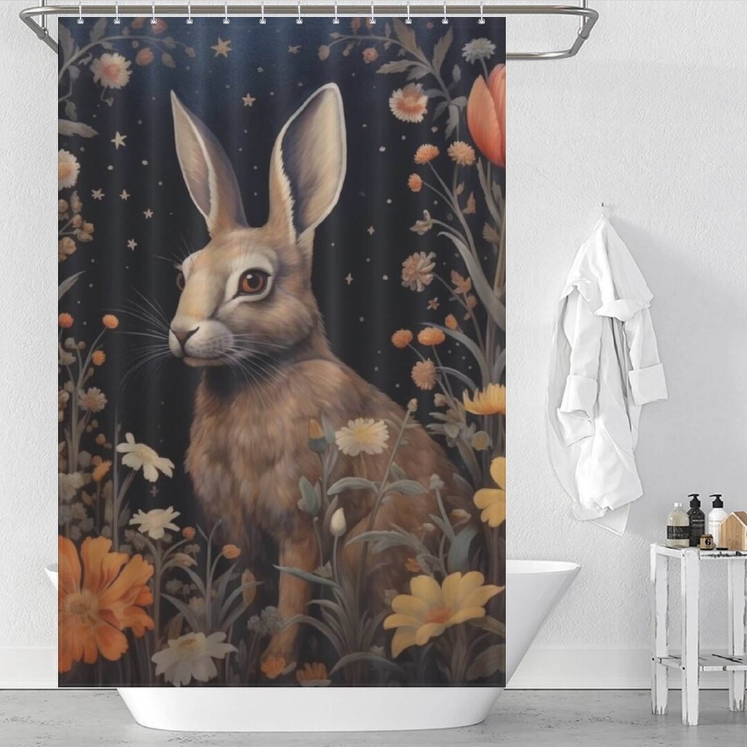 Rabbit Shower Curtain, Rabbit and Flowers Waterproof Curatin, Retro ...
