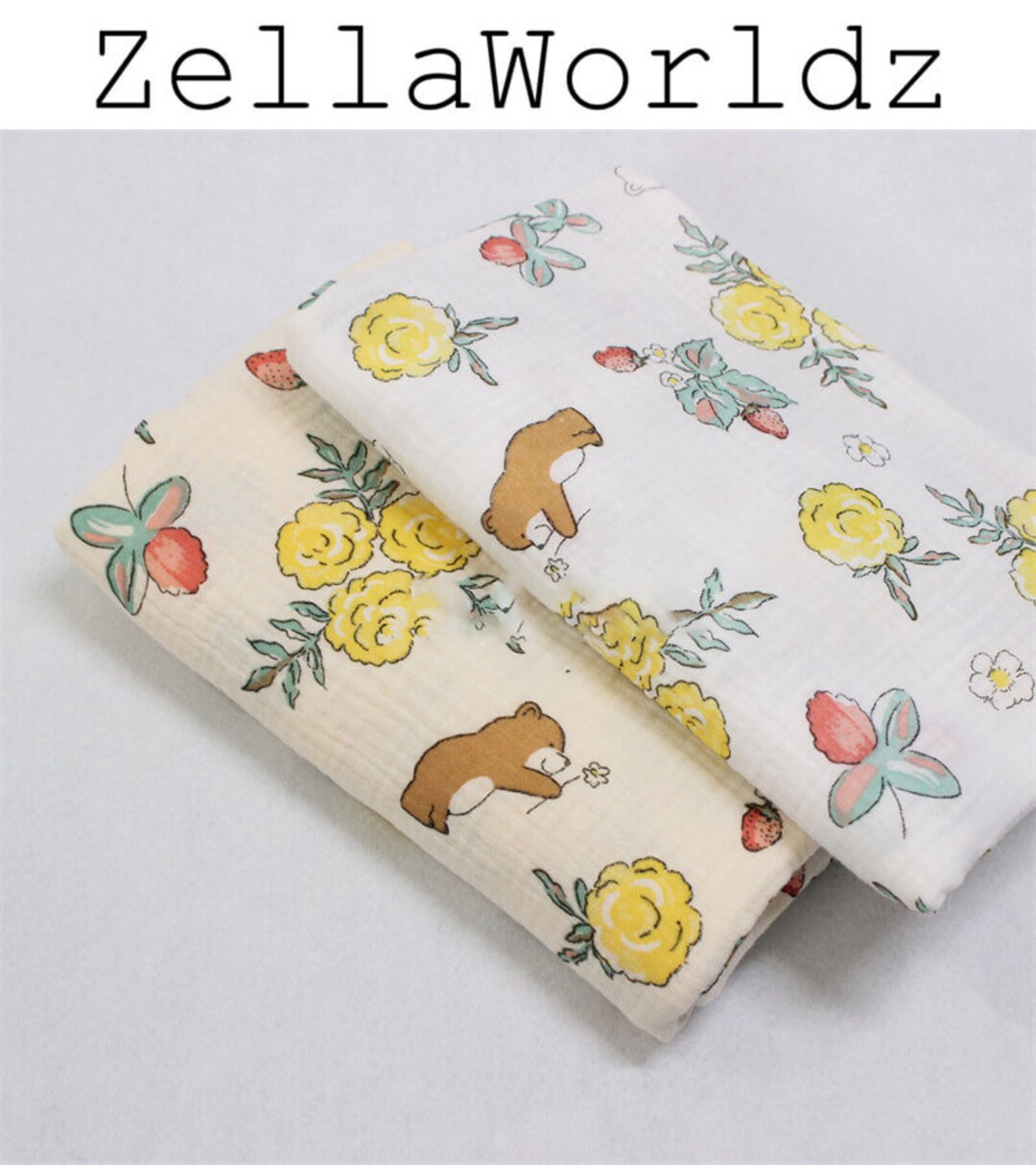 Double Cotton Gauze Fabric, Bear Flower Crepe Gauze , Printed Animal ...