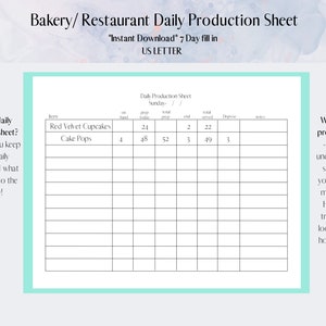 Daily Production Sheet: Restaurant & Bakery Planner (digital Download ...