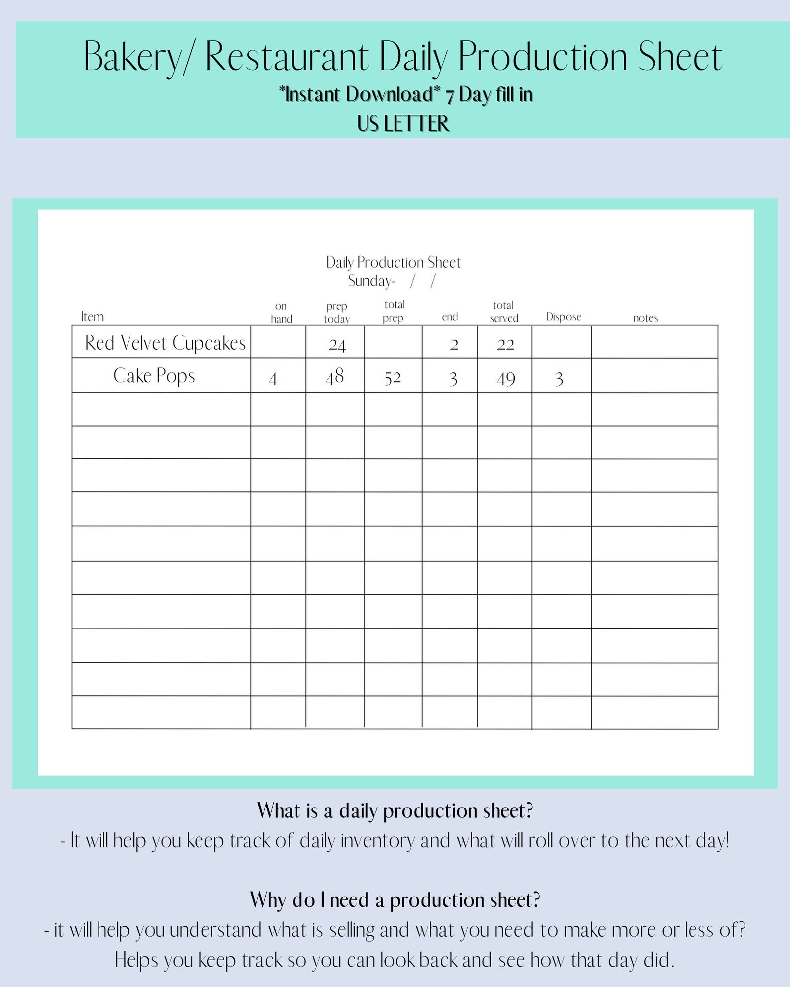 Daily Production Sheet | Baking| Food|restaurant| Bakery| Printable ...