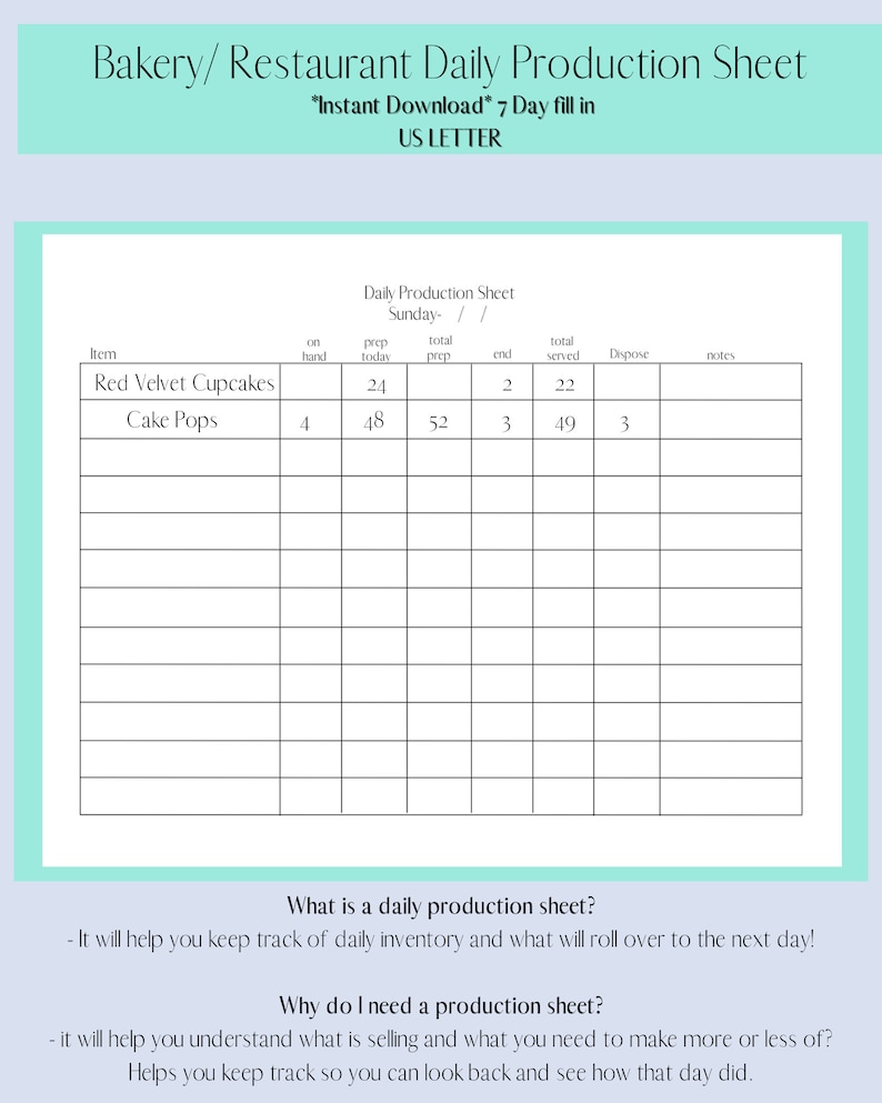 Daily Production Sheet | Baking| Food|restaurant| Bakery| Printable ...
