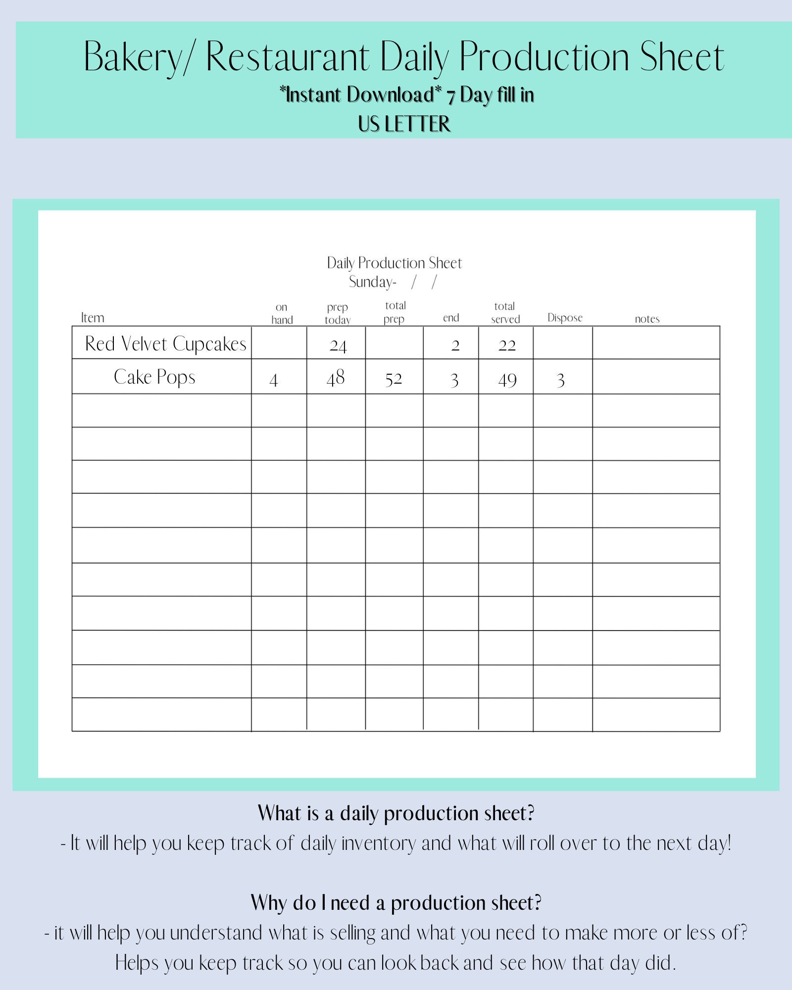 Daily Production Sheet | Baking| Food|restaurant| Bakery| Printable ...