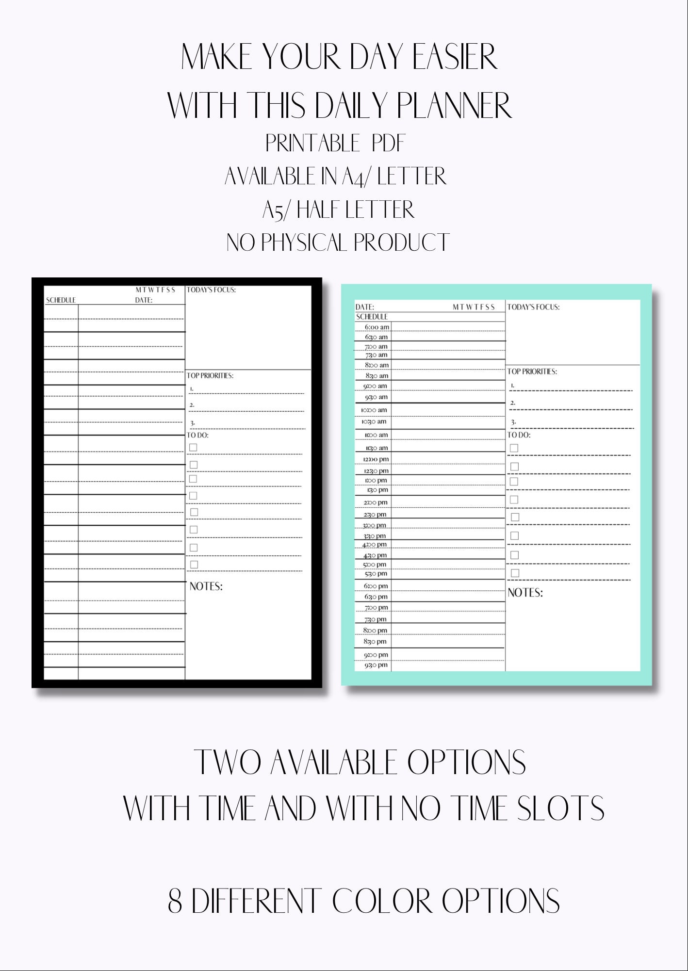 Daily Schedule| Daily Time Schedule | Planner | Printable| No Time ...