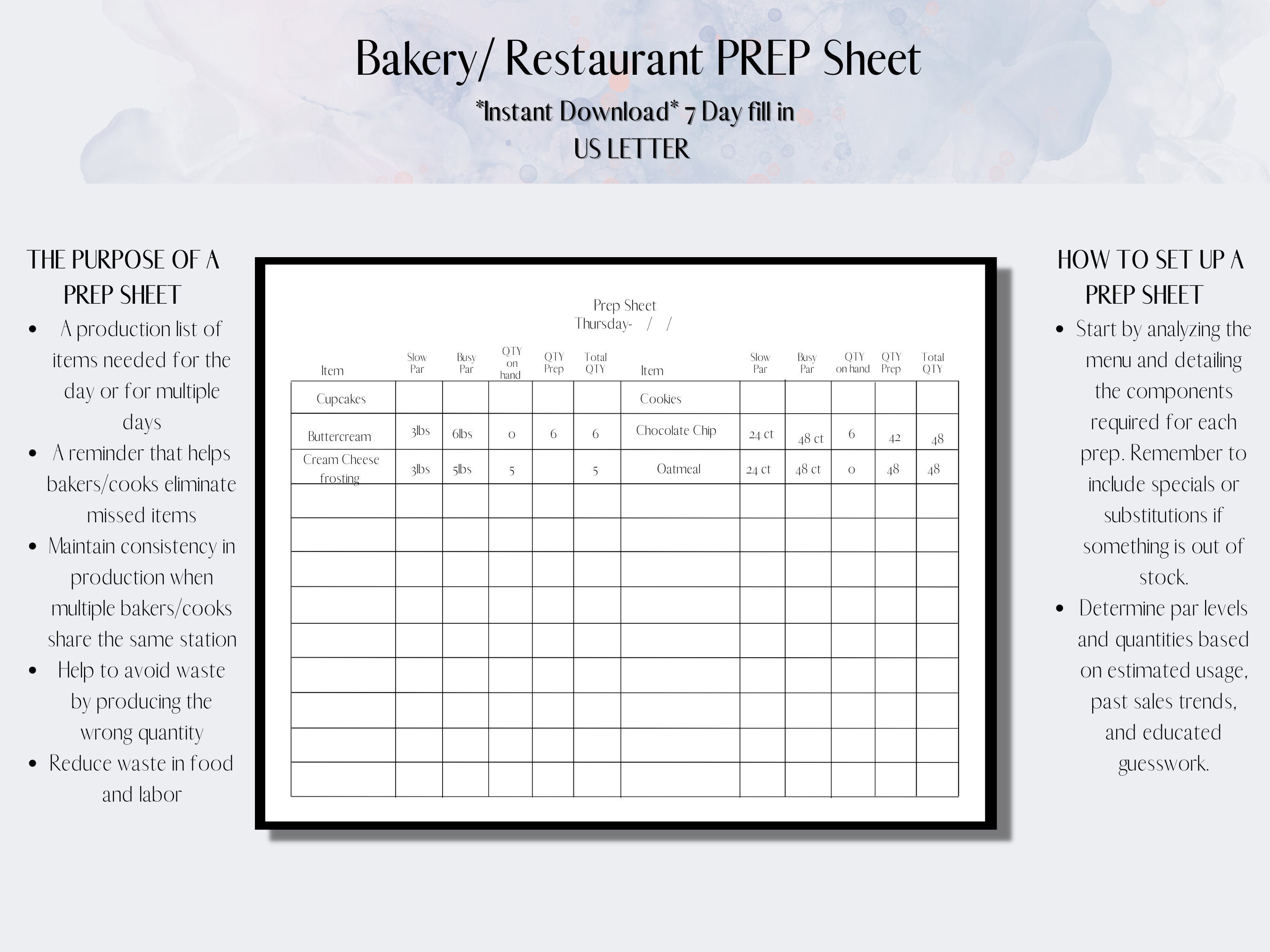 Bakery| Restaurant| Prep Sheet| Organized Kitchen| Kitchen Prep Sheet ...