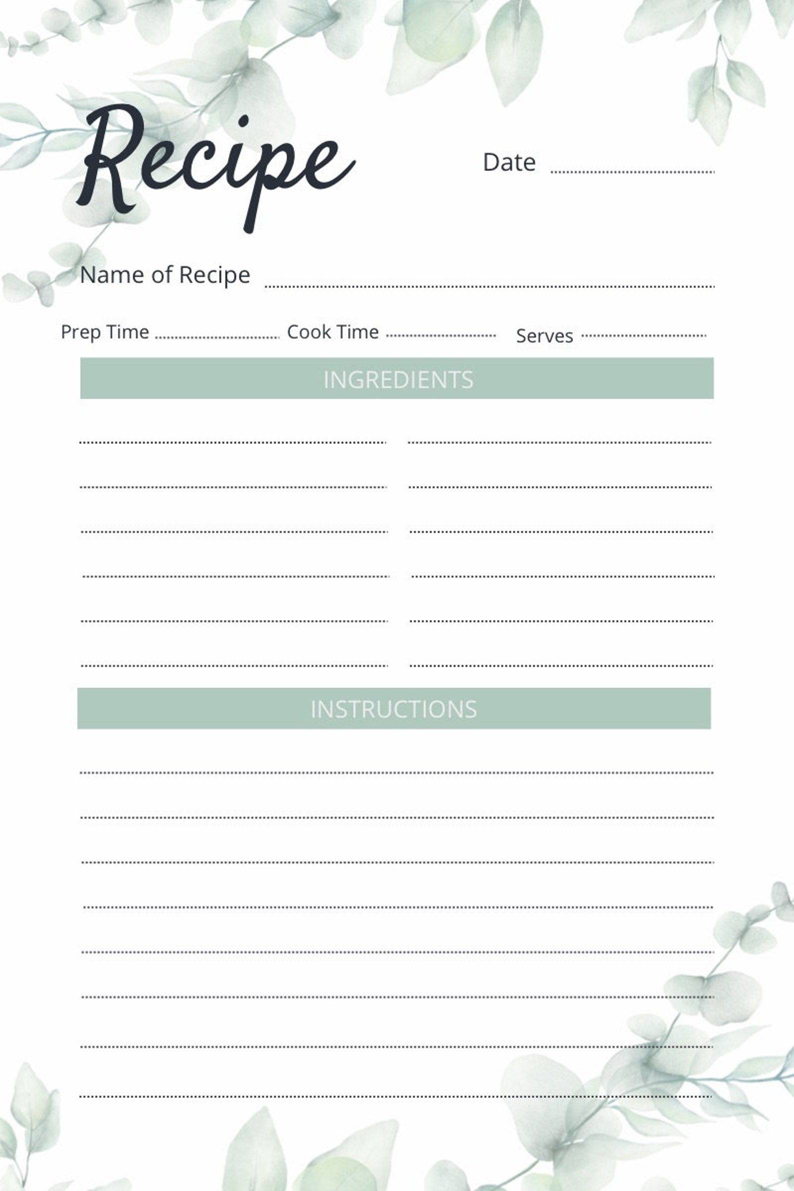 Recipe Card| Recipe Template| Kitchen |baking Recipe |bridal Recipe ...