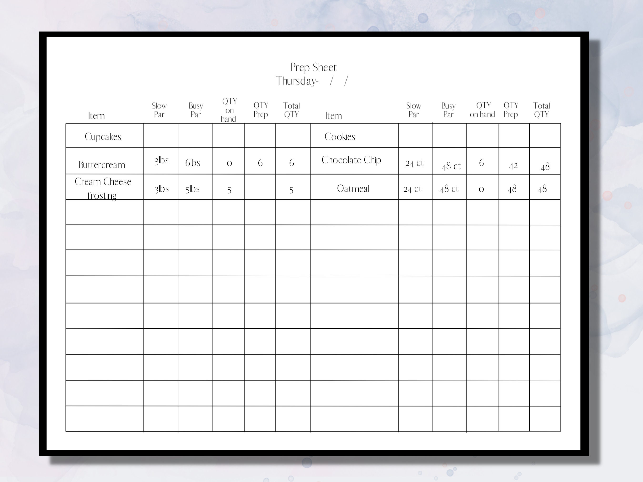 Bakery| Restaurant| Prep Sheet| Organized Kitchen| Kitchen Prep Sheet ...