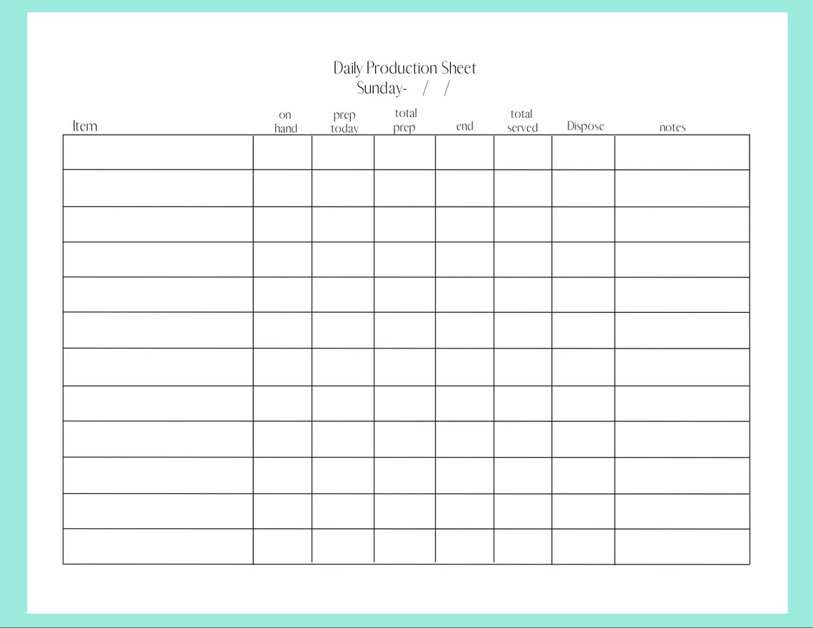 Daily Production Sheet | Baking| Food|restaurant| Bakery| Printable ...