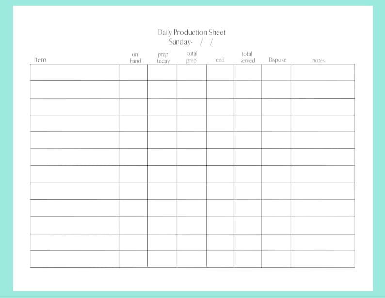 Daily Production Sheet | Baking| Food|restaurant| Bakery| Printable ...