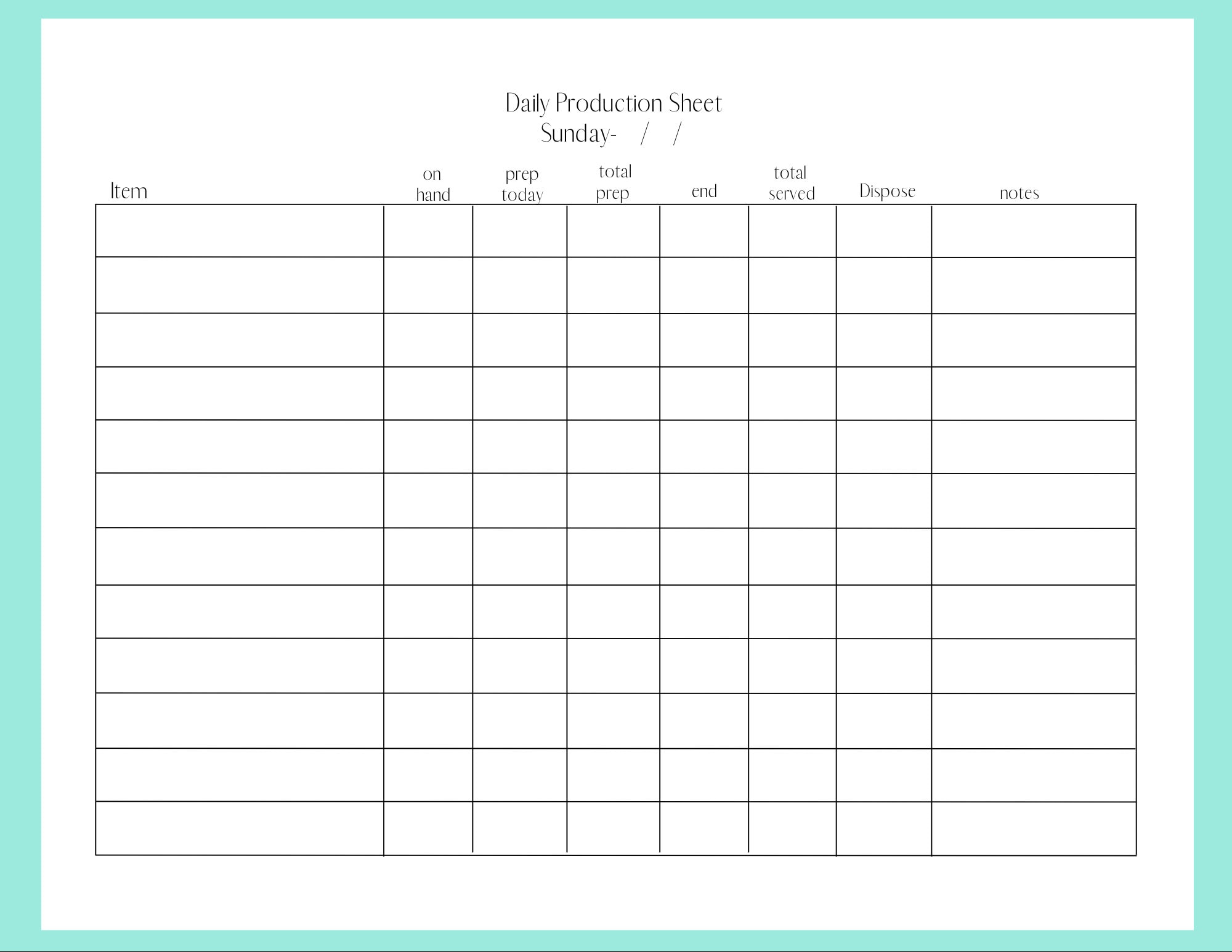 Daily Production Sheet | Baking| Food|restaurant| Bakery| Printable ...