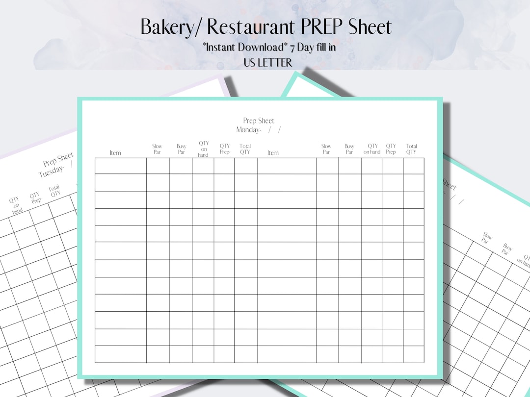 Bakery| Restaurant| Prep Sheet| Organized Kitchen| Kitchen Prep Sheet ...
