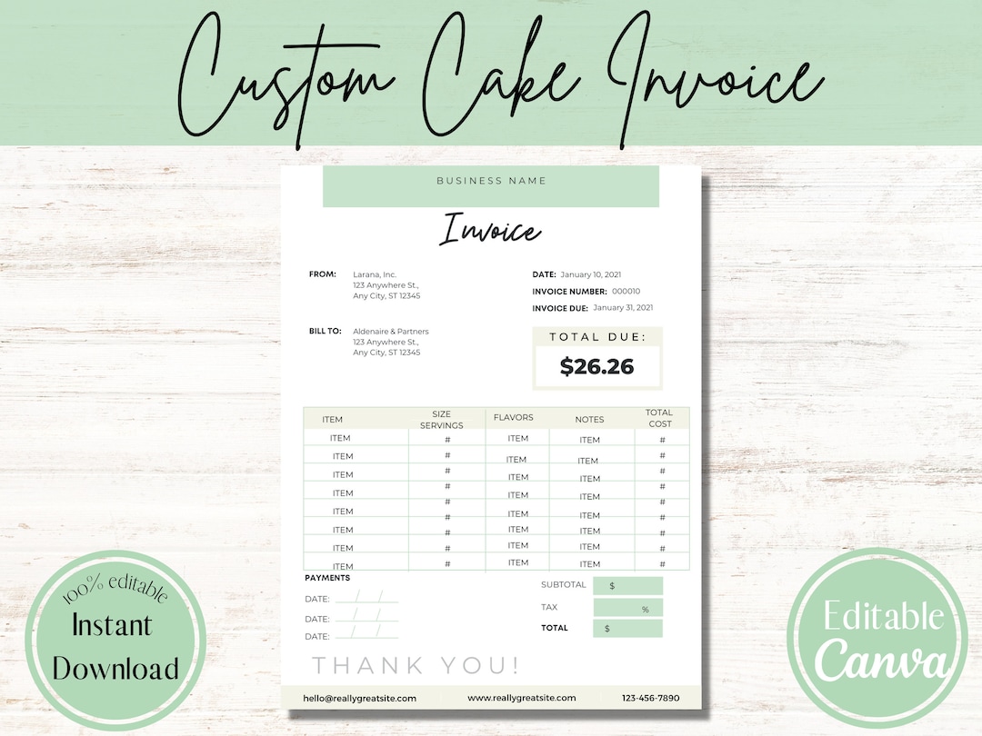 Custom Cake Invoice Template | Invoice Template | Cake Invoice ...