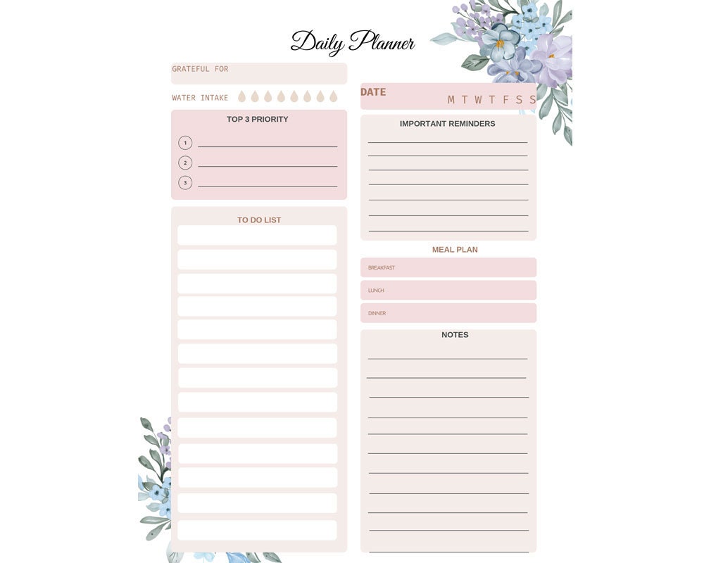 Printable Single Page Daily Planner Letter Size - Daily Productivity ...