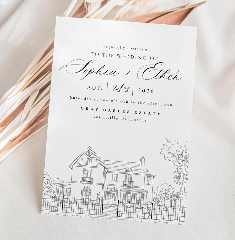 Custom Venue Line Drawing Wedding Invitation (canva Template) - Etsy