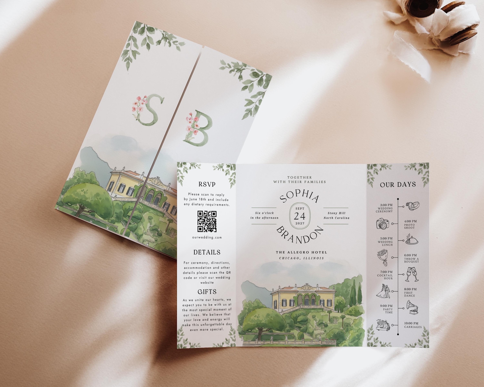 Custom Watercolor Venue Wedding Invitation, Editable Canva Gatefold ...