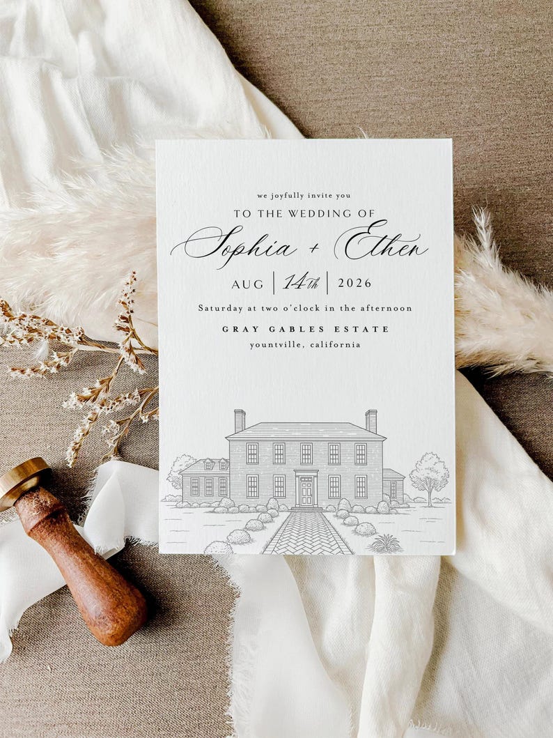 Custom Venue Line Drawing Wedding Invitation (canva Template) - Etsy Canada