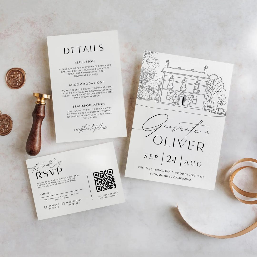 Venue Line Drawing Wedding Invitation: Editable Canva Template - Etsy