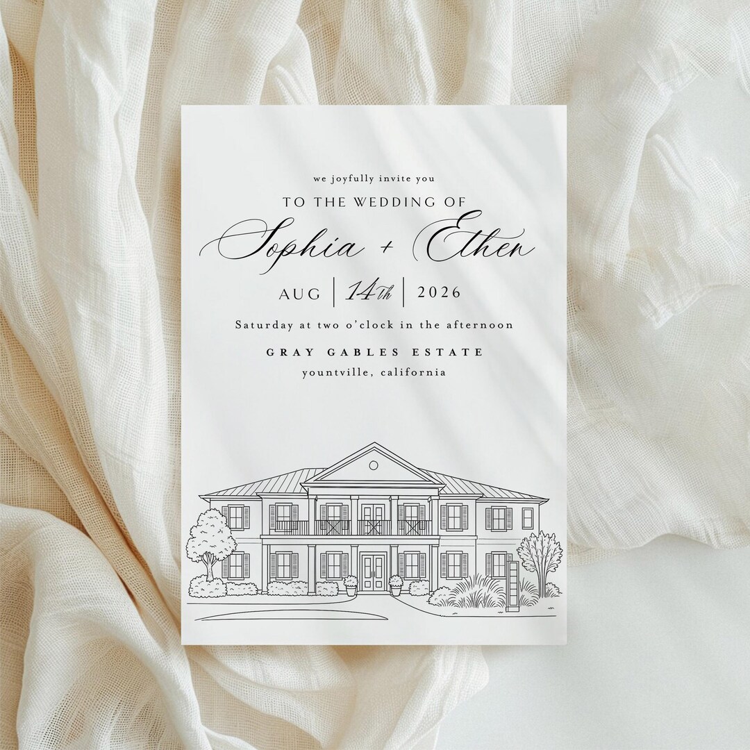 Custom Venue Line Drawing Wedding Invitation (canva Template) - Etsy