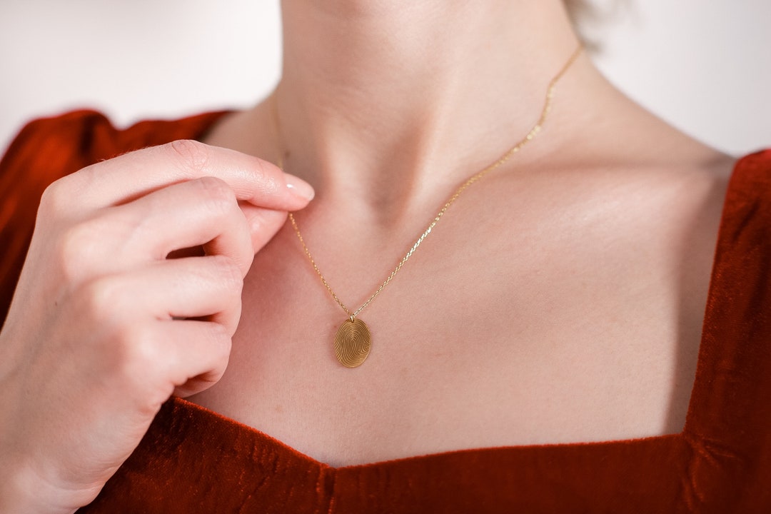 Fingerprint Necklace • 14K Solid Gold Memorial Jewelry • Engraved ...