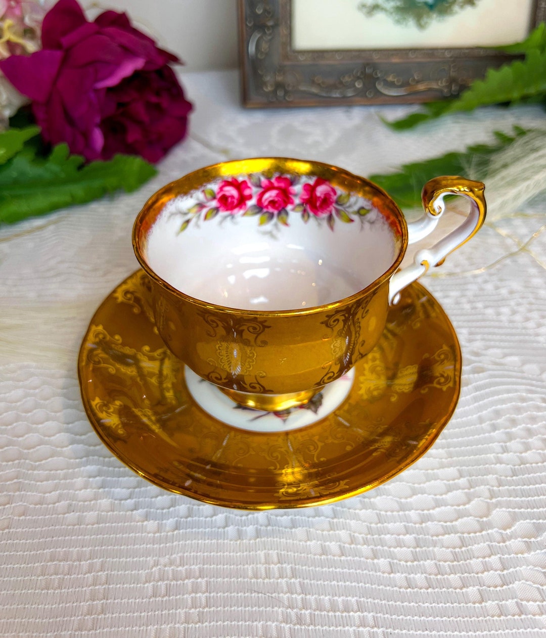 Vintage Gold Paragon Antique Rose Cup and Saucer Signed Reg Johnson ...