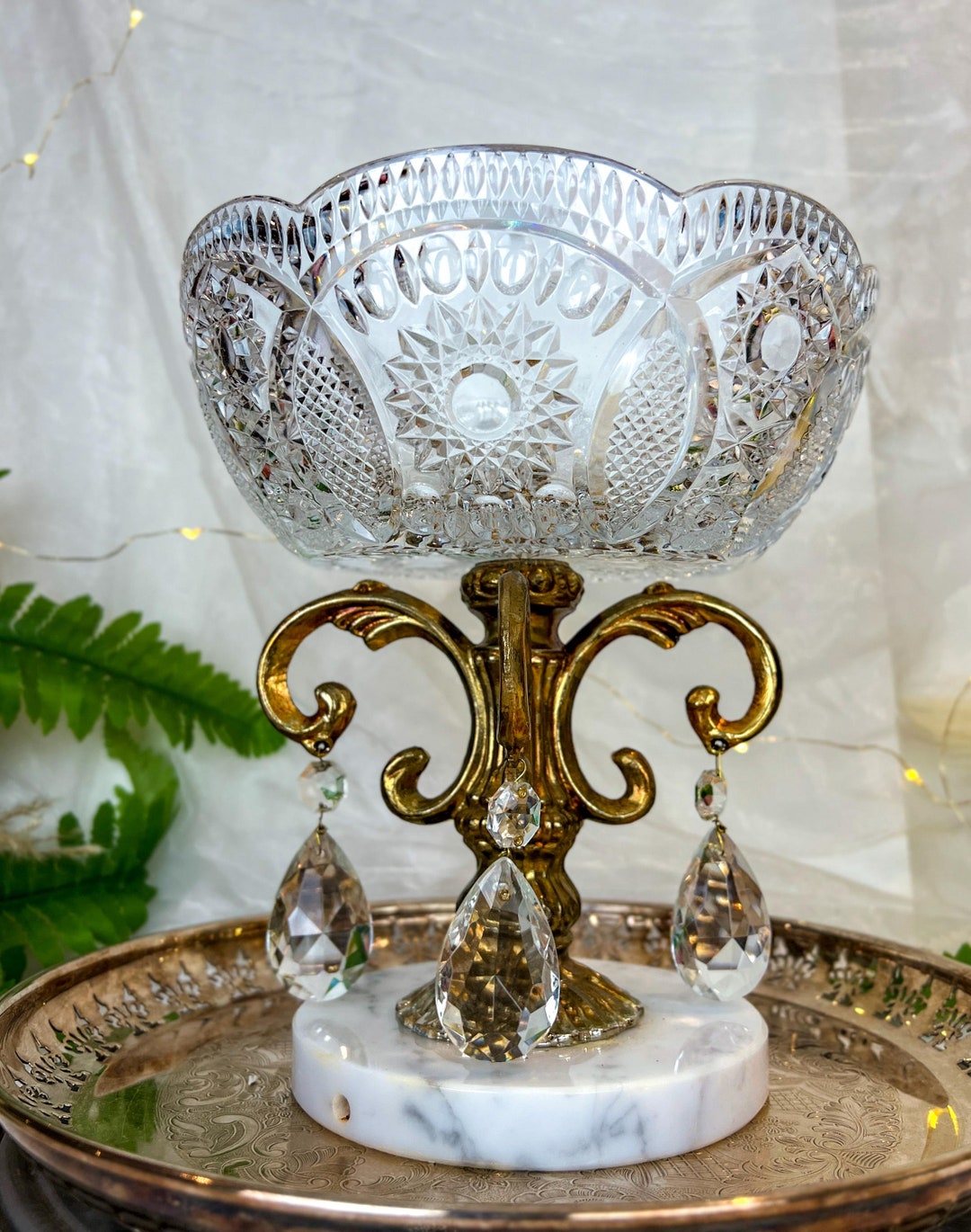 Vintage Large Hollywood Regency Lead Crystal & Brass Compote With ...