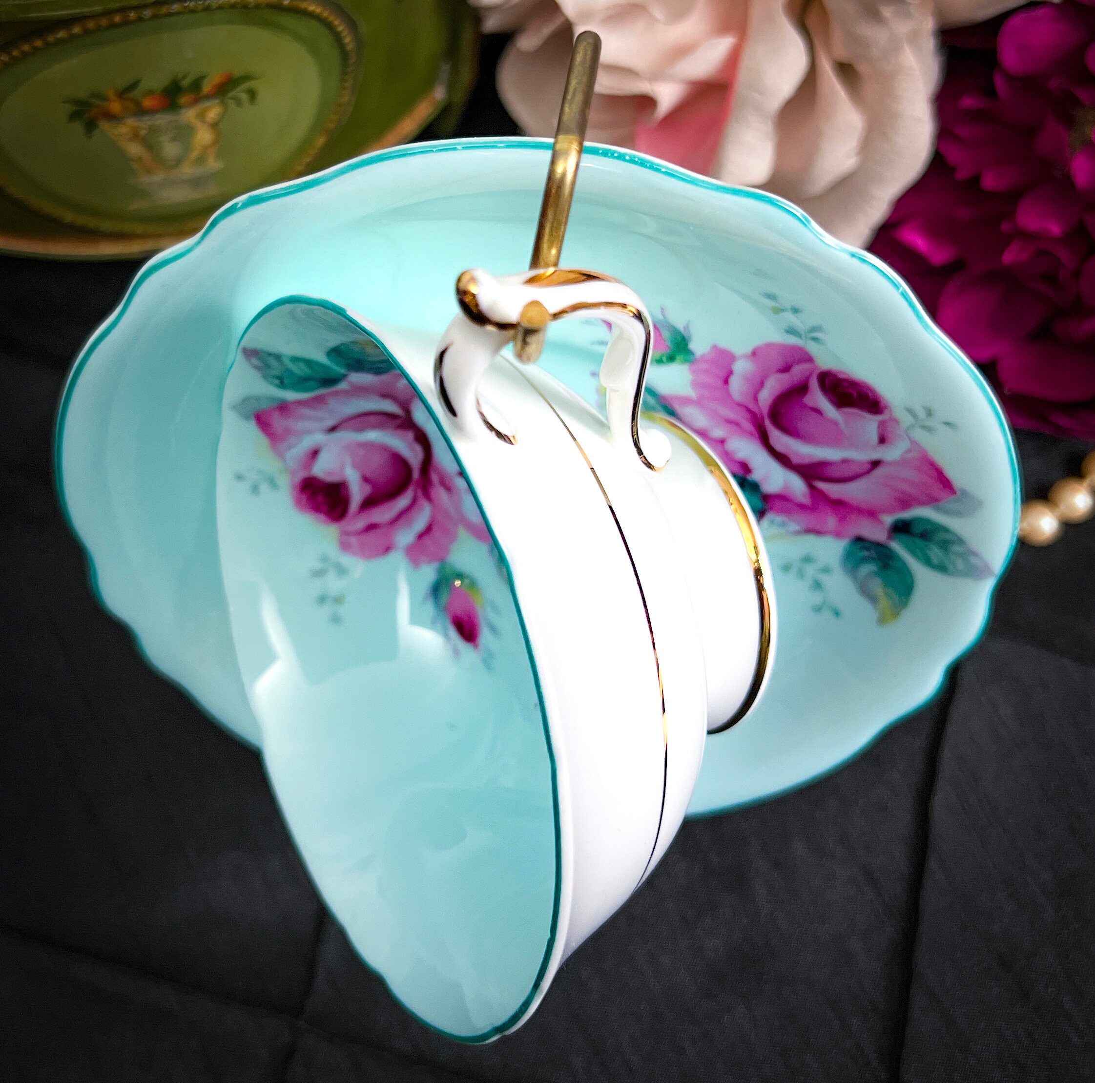 Vintage Blue Paragon Double Warrant Teacup and Saucer With Large Pink ...