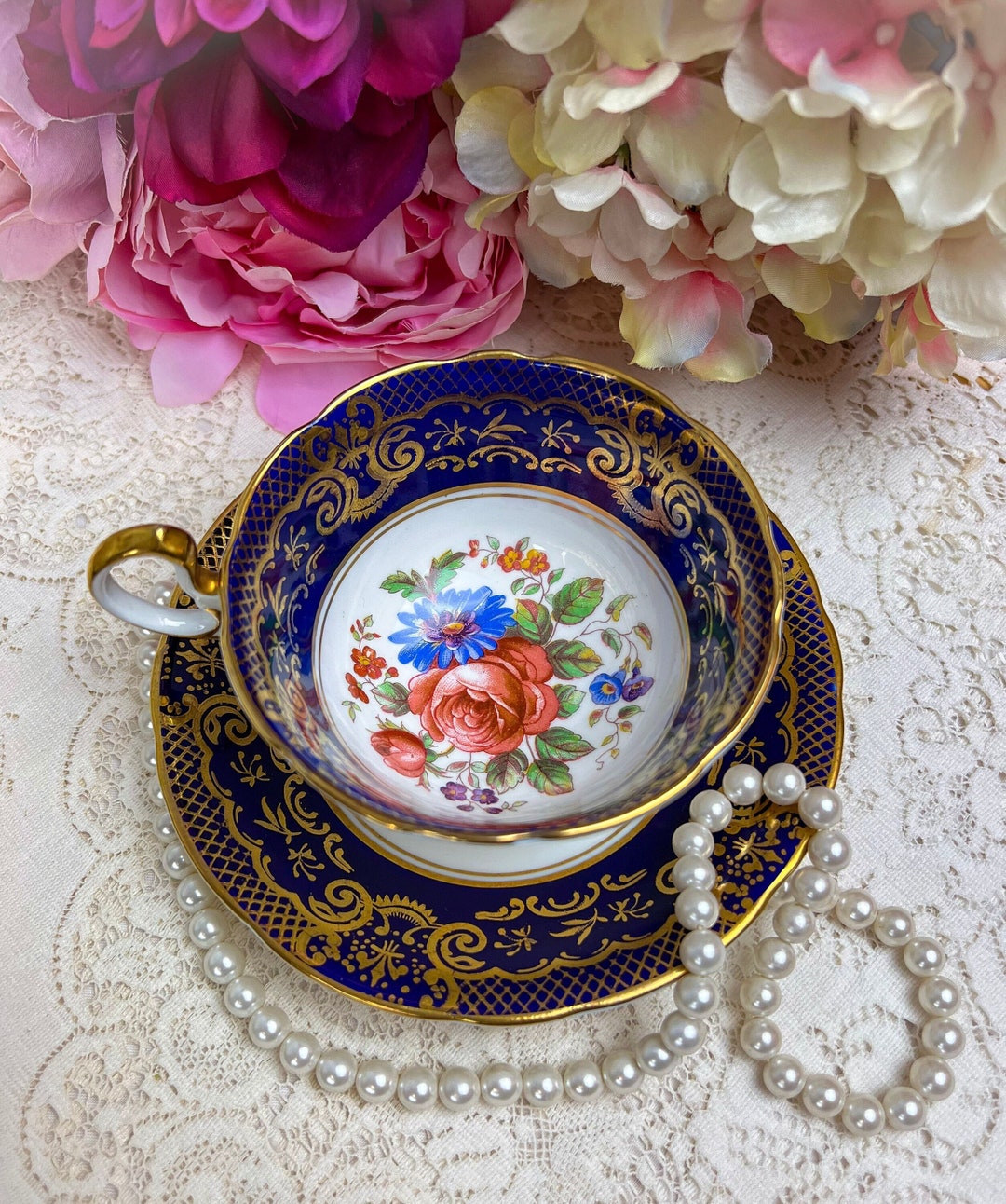 Rare Cobalt Blue Double Warrant Paragon Teacup and Saucer With Cabbage ...